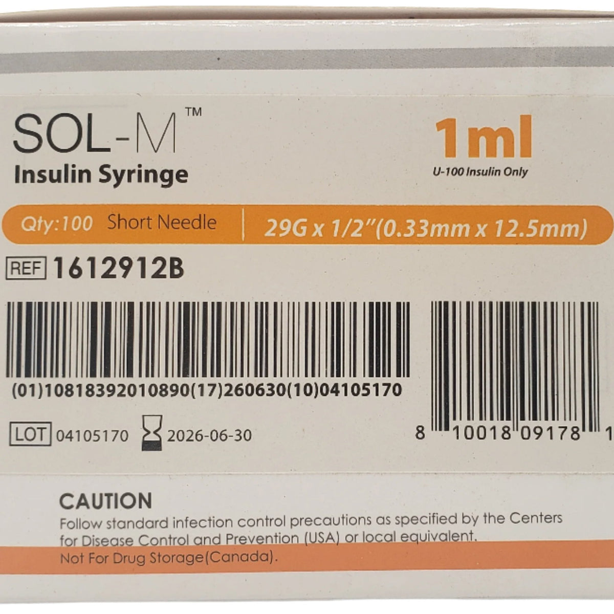 SOL-M 1ml Insulin Syringe w/Fixed Needle 29G x 1/2