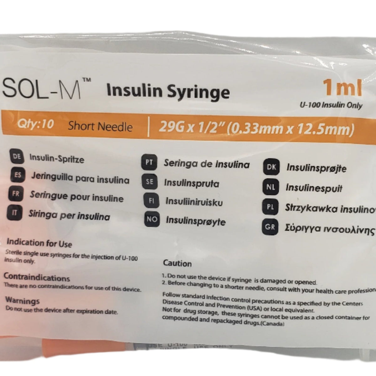 SOL-M 1ml Insulin Syringe w/Fixed Needle 29G x 1/2
