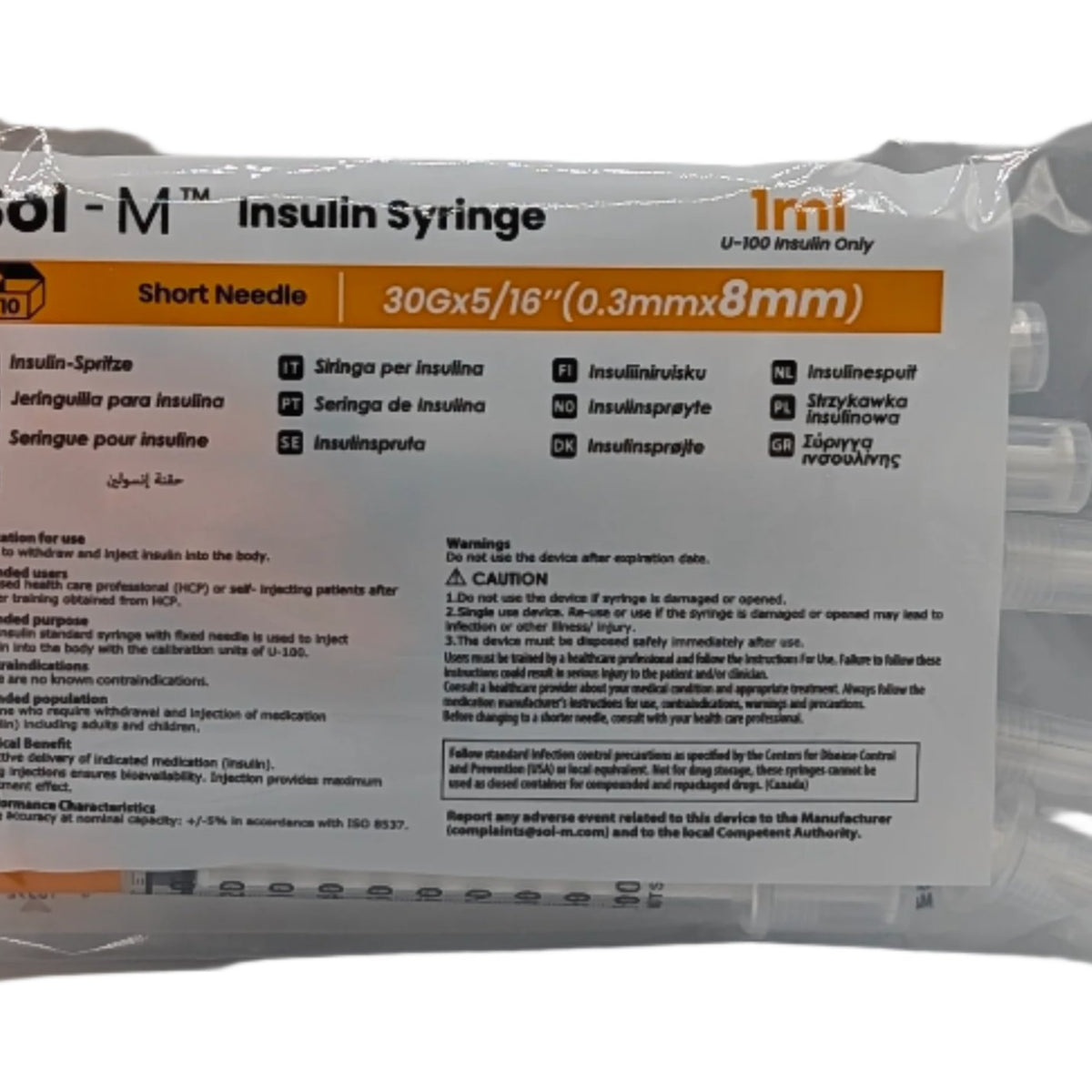 SOL-M 1ml Insulin Syringe w/Fixed Needle 30G x 8mm