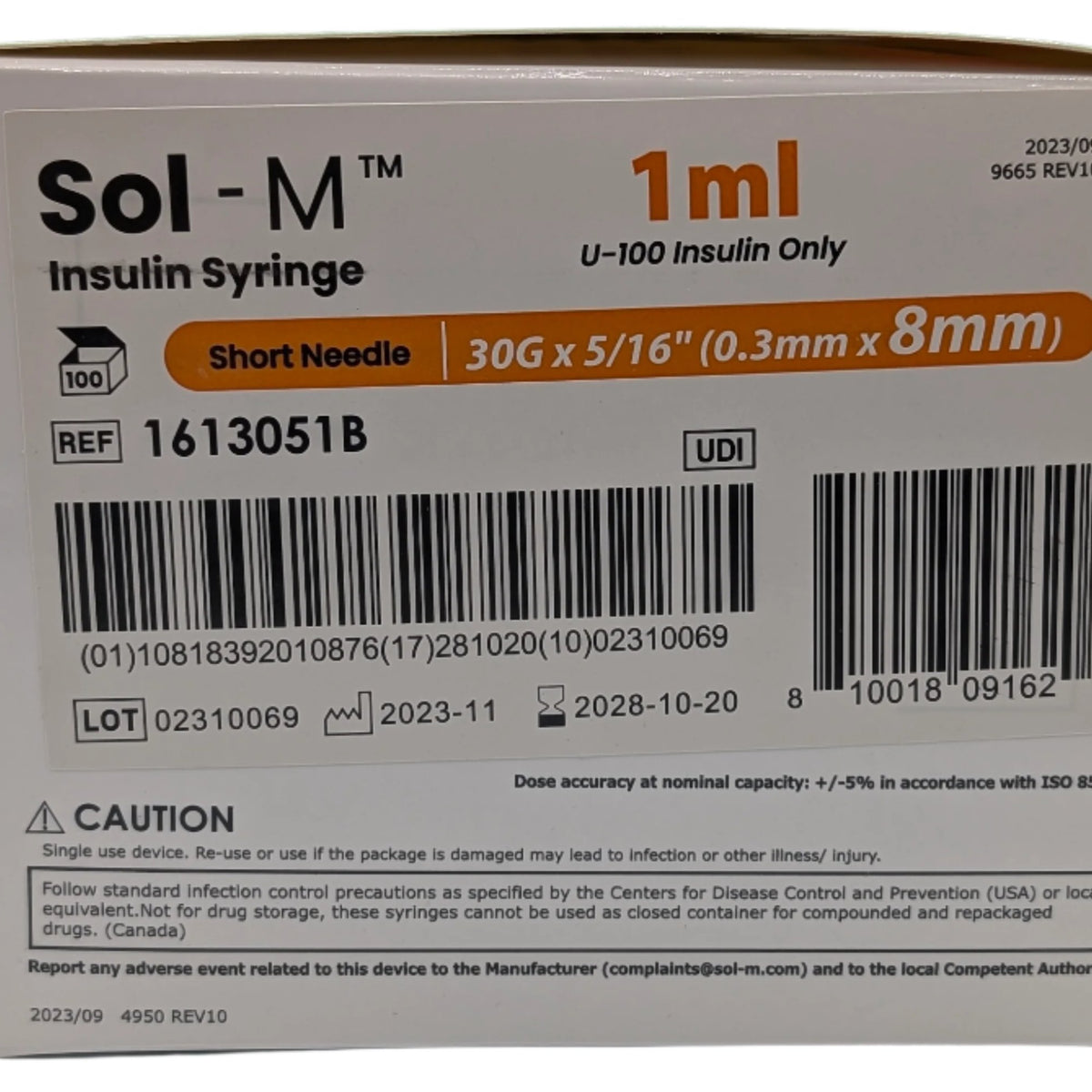 SOL-M 1ml Insulin Syringe w/Fixed Needle 30G x 8mm