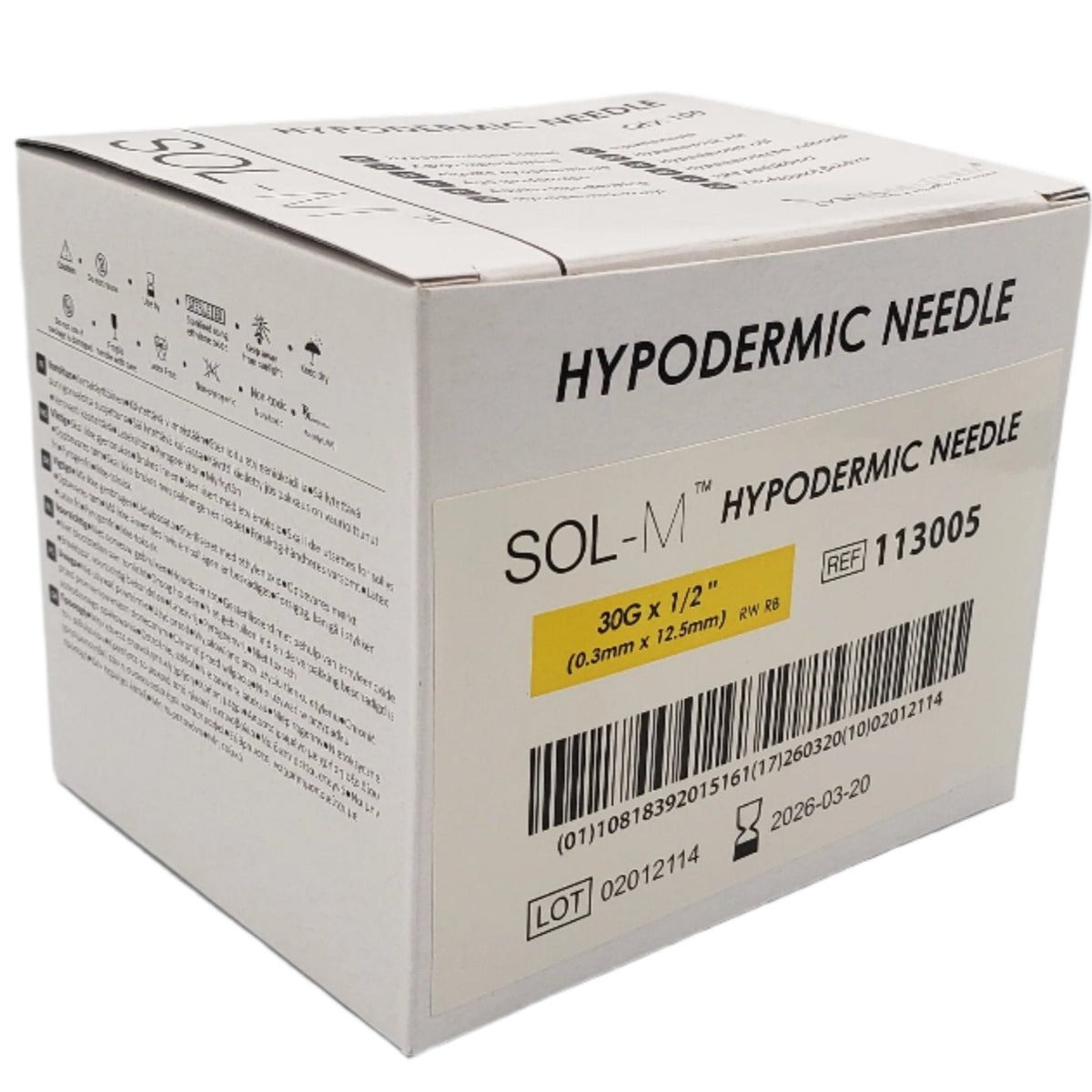 SOL-M Hypodermic Needle 30G × ½" | Sterile Ultra-Fine | Box 100 REF 113005