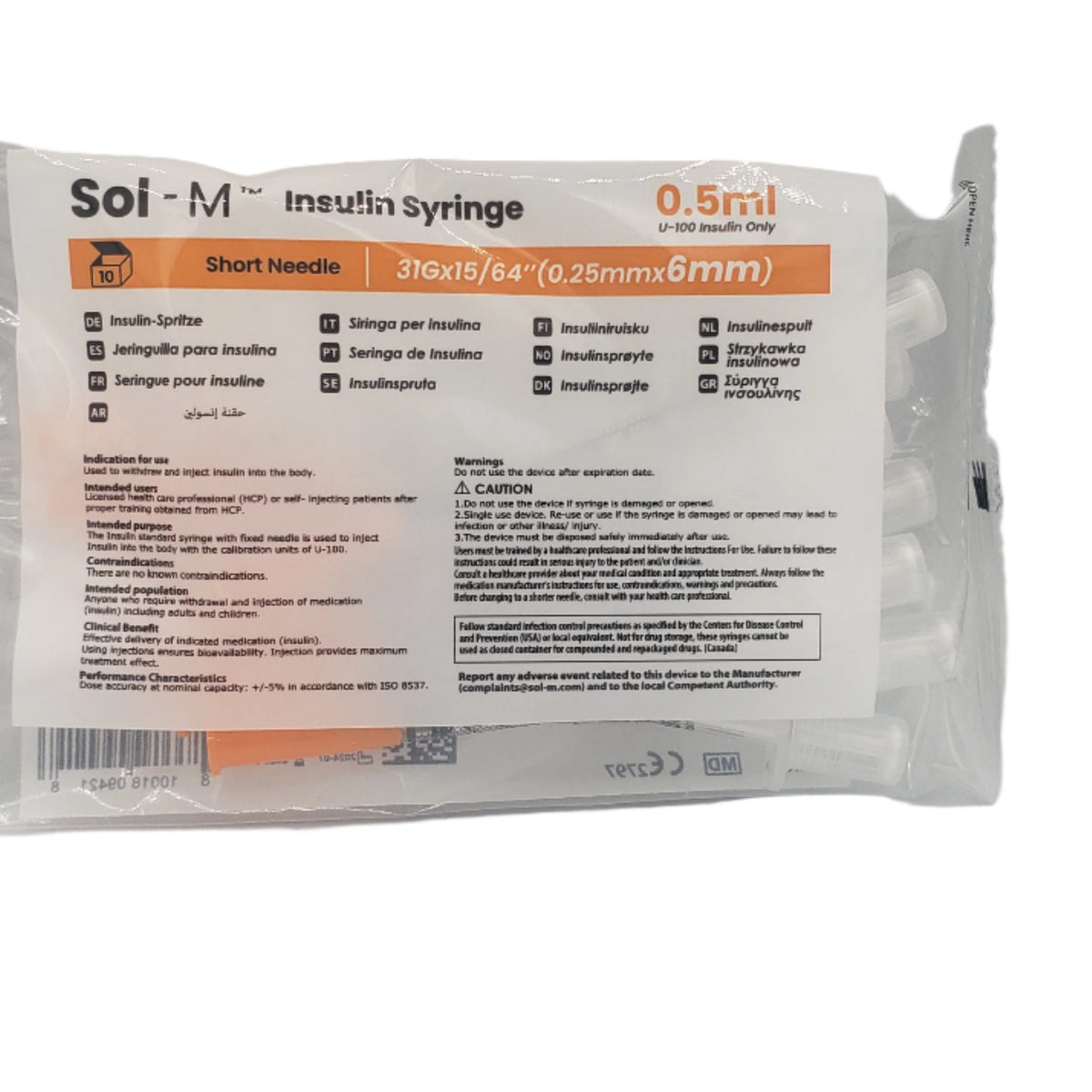 SOL-M 0.5ml Insulin Syringe w/Fixed Needle 31G x 6mm