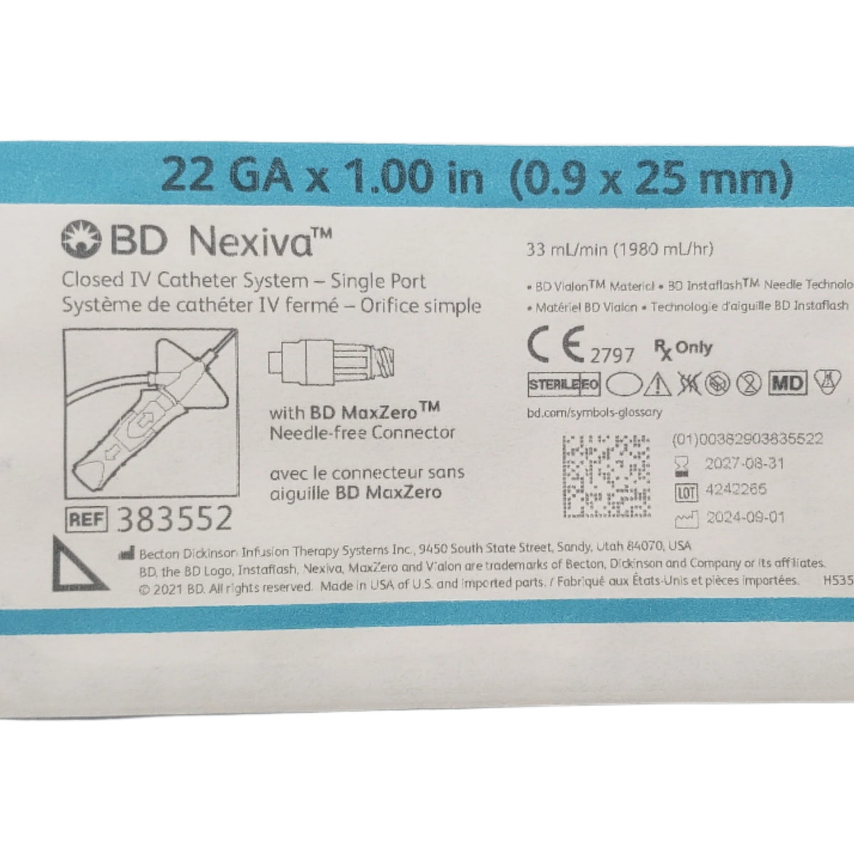 BD 383552 Nexiva MaxZero Closed IV Catheter System—Single Port 22G x 1