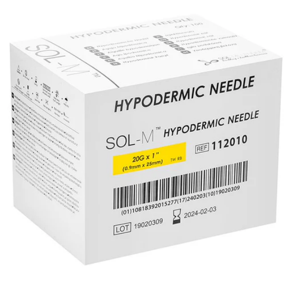 SOL-M Hypodermic Needle 20G × 1" | Sterile Lubricated | Box 100 REF 112010