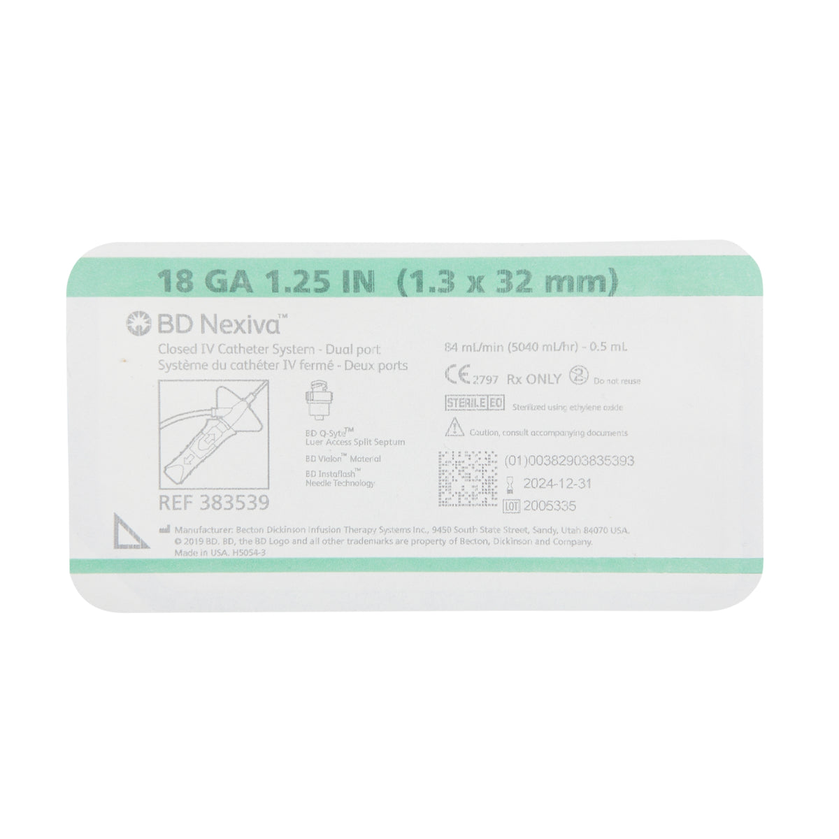 BD Nexiva 18G x 1.25" Closed IV Catheter Single Port REF 383519