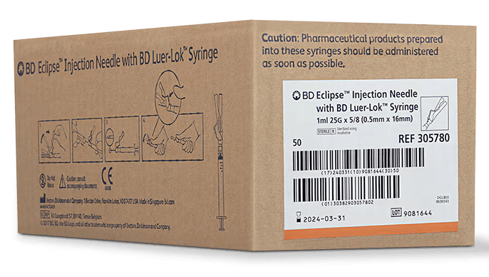 1ml BD Syringe Luer Lok with 25G x 5/8" Eclipse Safety Needle