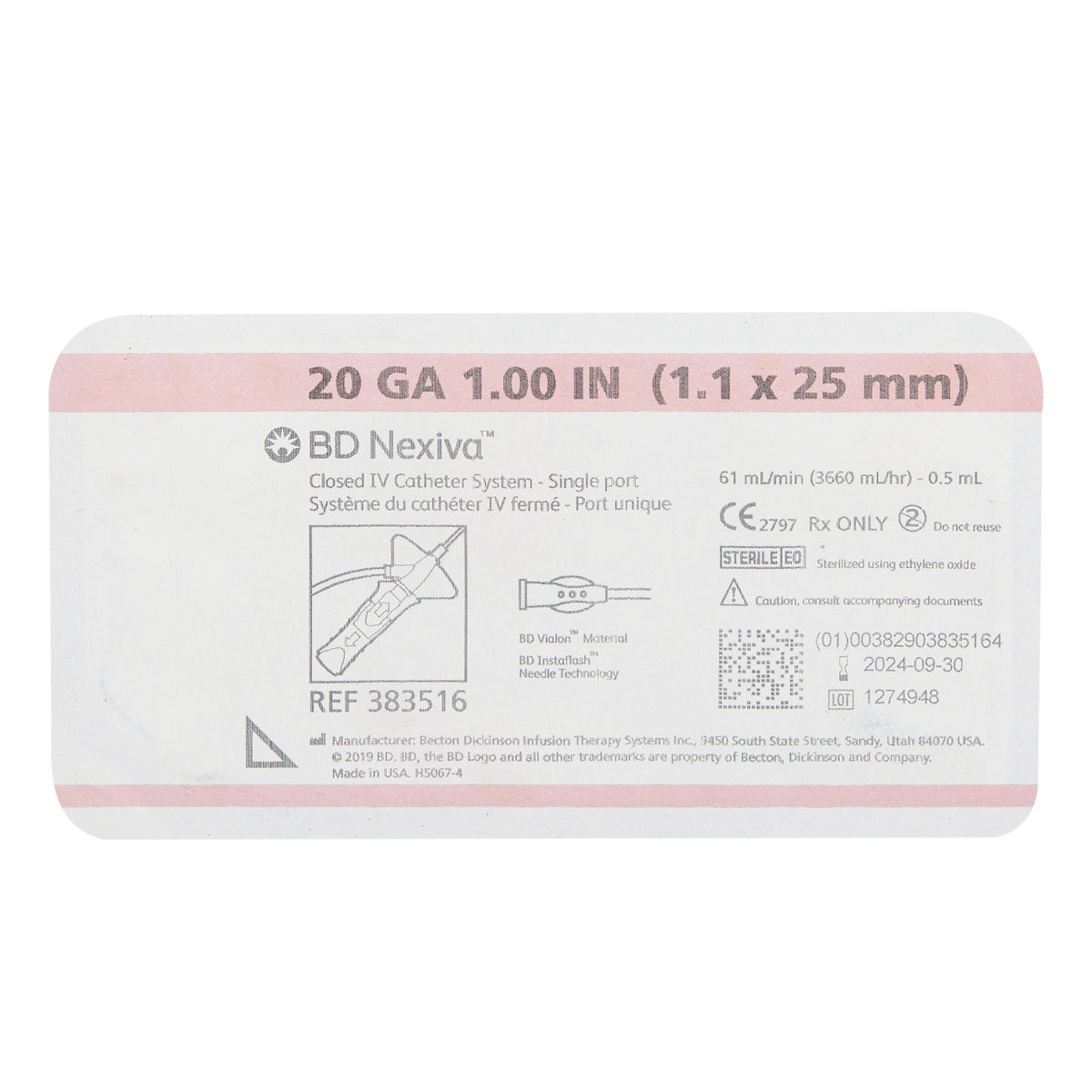 BD Nexiva 20G x 1.0" Closed IV Catheter Single Port REF 383516