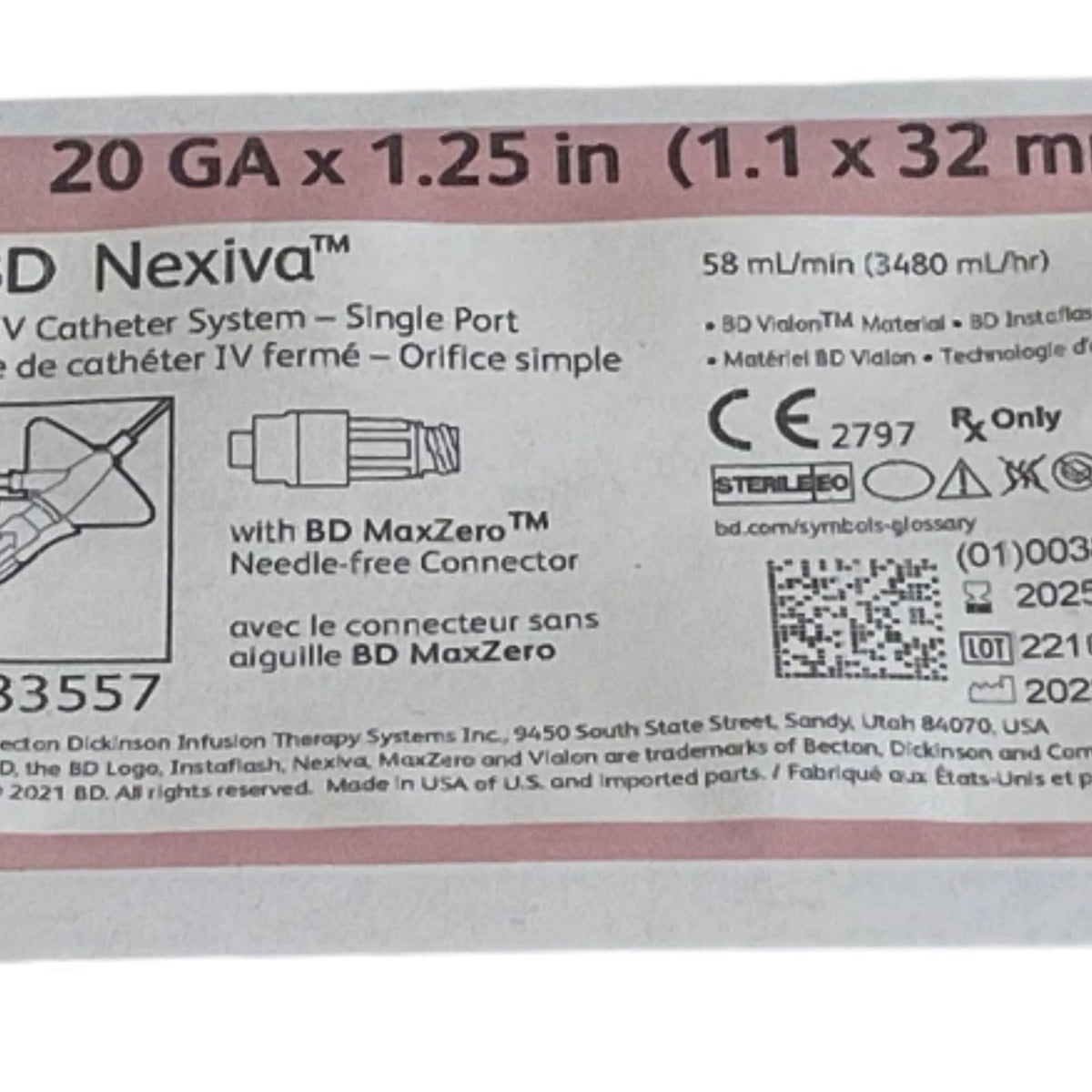 BD 383557 Nexiva MaxZero Closed IV Catheter System-Single Port 20G x 1