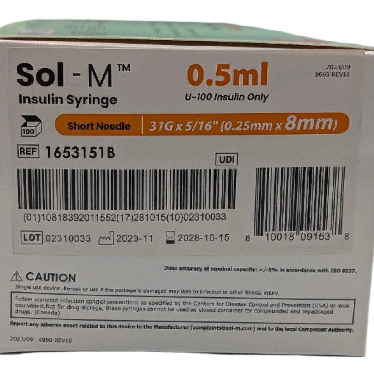 SOL-M 0.5ml Insulin Syringe w/Fixed Needle 31G x 8mm