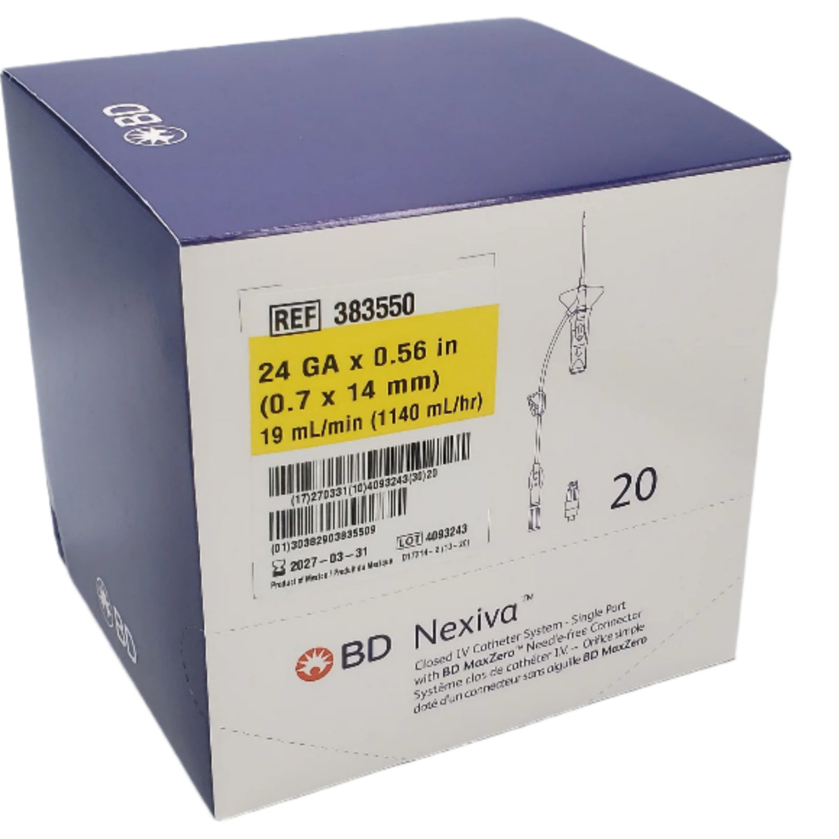 BD 383550 Nexiva MaxZero Closed IV Catheter Single Port 24G x 0.56"