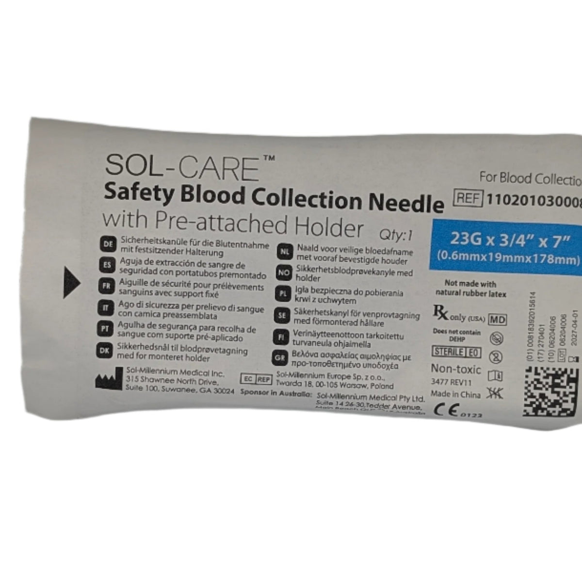 SOL-M Safety Blood Collection Set 23G × 0.75" w/ 7" Tubing & Holder