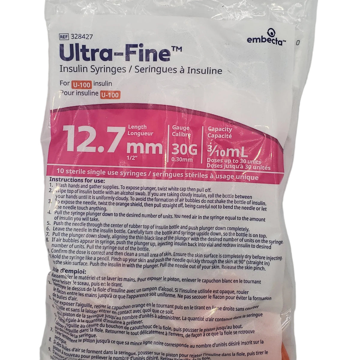 0.3ml x 30G x 0.5" Embecta 328427 Ultra Fine Insulin Syringe