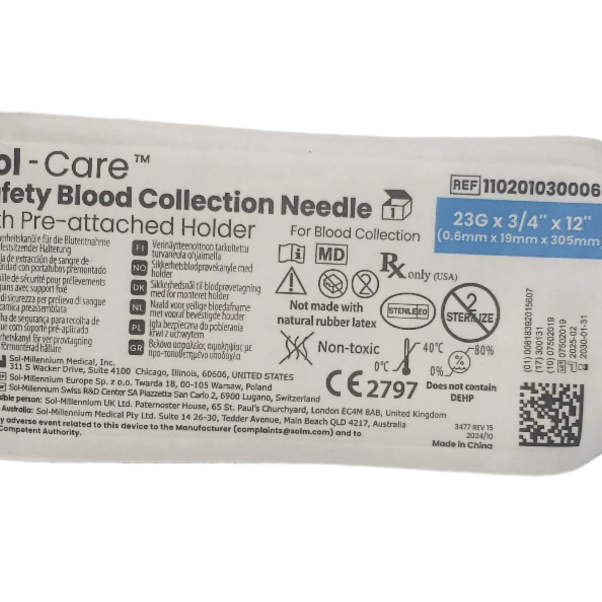 23G x 0.75" x 12" Tubing Sol-M Safety Blood Collection Needle w/ Pre-A