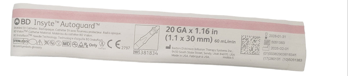 BD 381834 Insyte Autoguard Catheter 20G x 1.16"